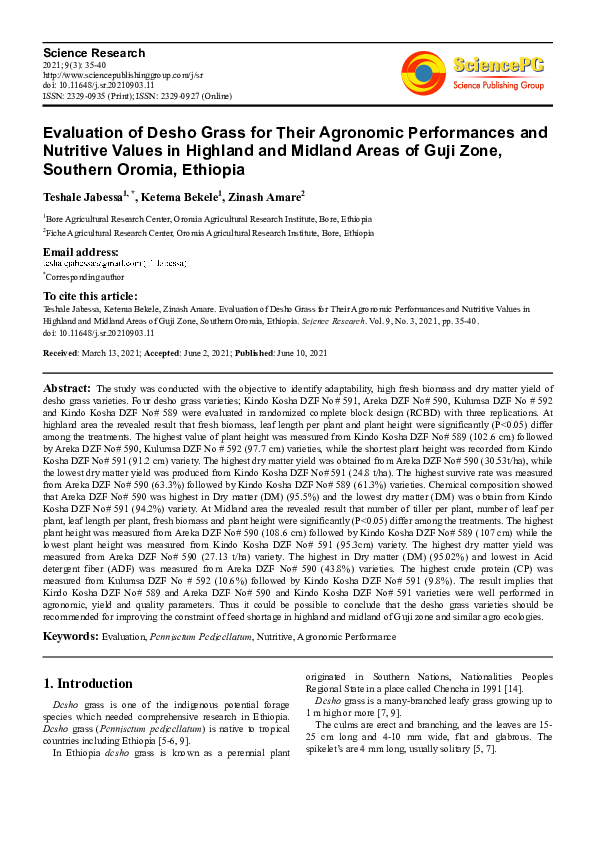 (PDF) Evaluation of Desho Grass for Their Agronomic Performances and ...