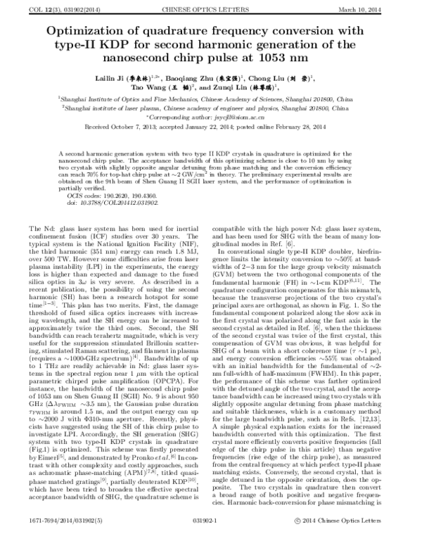 (PDF) Optimization of quadrature frequency conversion with type-II KDP for second harmonic ...