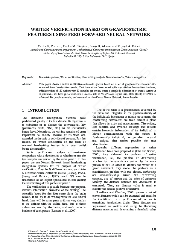 (PDF) Writer Verification Based on Graphometric Features Using Feed-Forward Neural Network ...