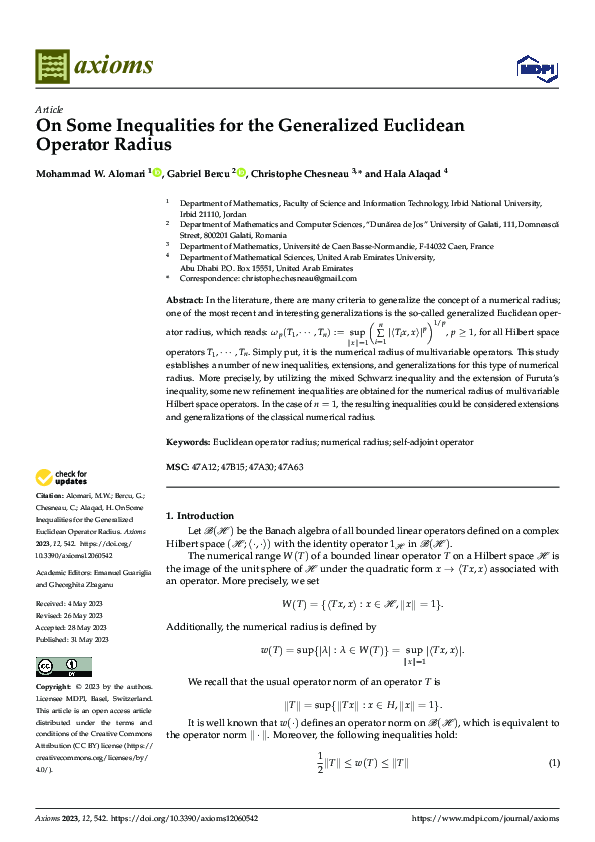 (PDF) On Some Inequalities for the Generalized Euclidean Operator Radius
