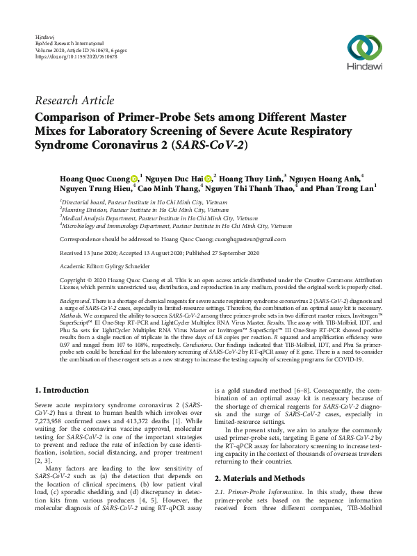 Pdf Comparison Of Primer Probe Sets Among Different Master Mixes For Laboratory Screening Of