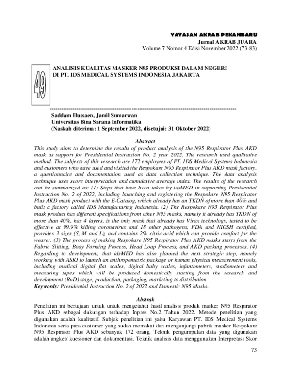 (PDF) Analisis Kualitas Masker N95 Produksi Dalam Negeri DI Pt. Ids ...