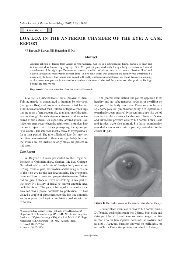 (PDF) Loa loa in the anterior chamber of the eye: A case report