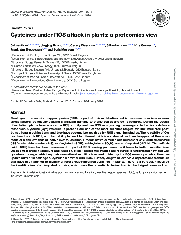 (PDF) Cysteines under ROS attack in plants: a proteomics view
