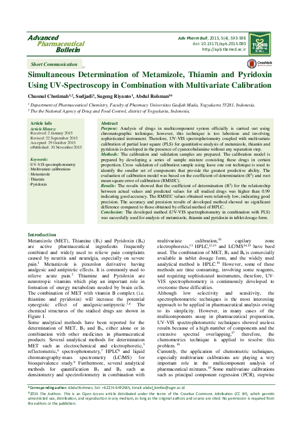 (PDF) Simultaneous Determination of Metamizole, Thiamin and Pyridoxin Using UV-Spectroscopy in ...
