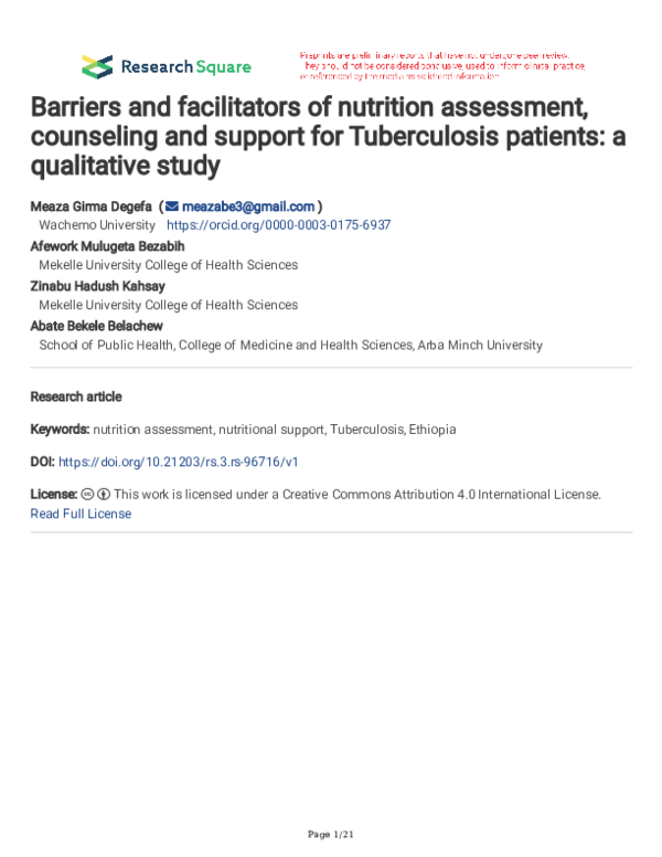 (PDF) Barriers and facilitators of nutrition assessment, counseling and support for Tuberculosis ...