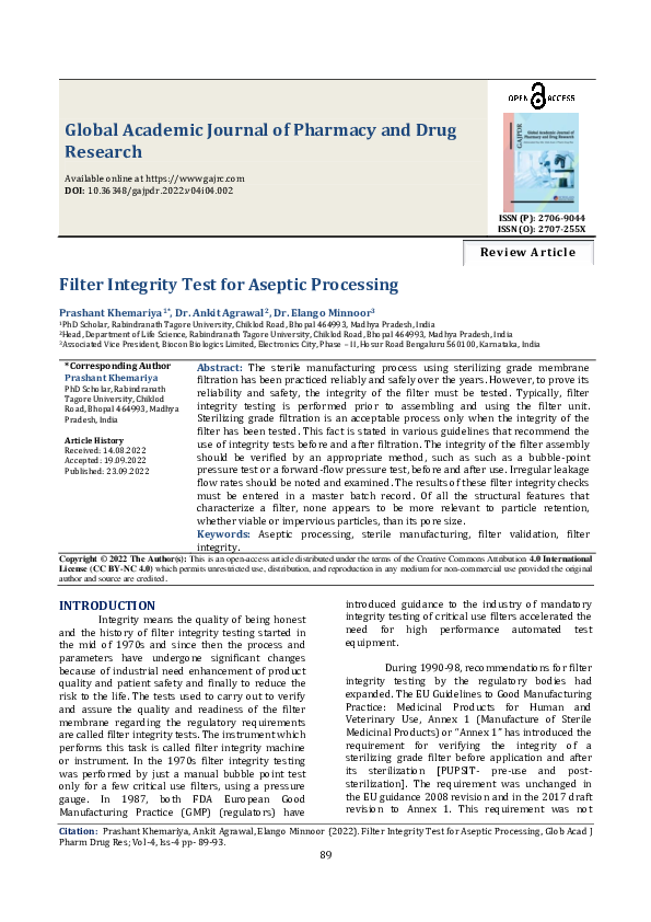 (PDF) Filter Integrity Test for Aseptic Processing