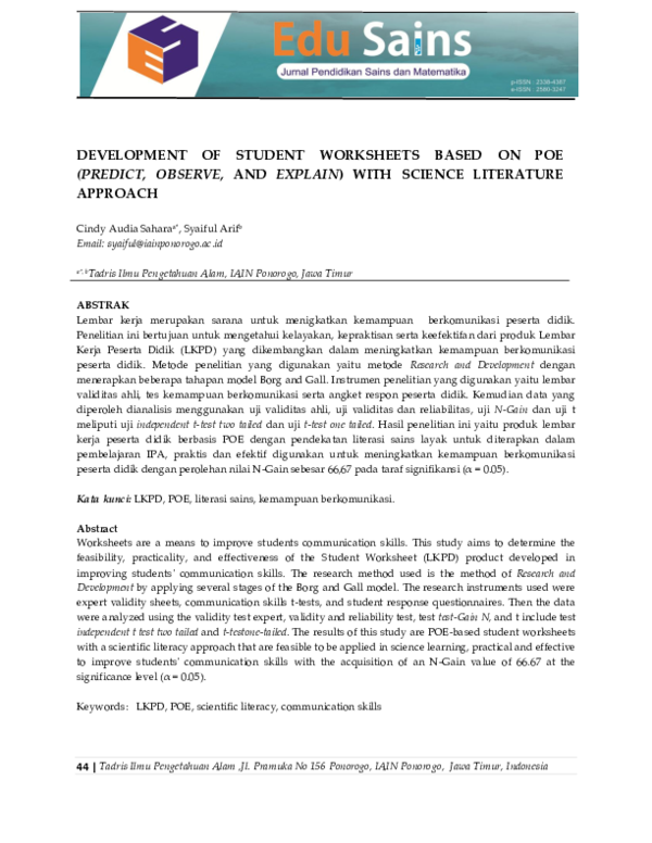 (PDF) Development of student worksheet based on POE (predict, observe, and explain) with science ...
