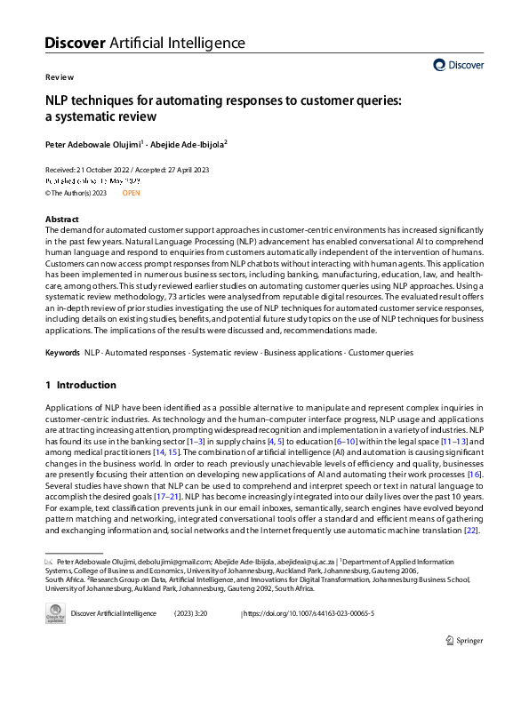(PDF) NLP techniques for automating responses to customer queries: a systematic review
