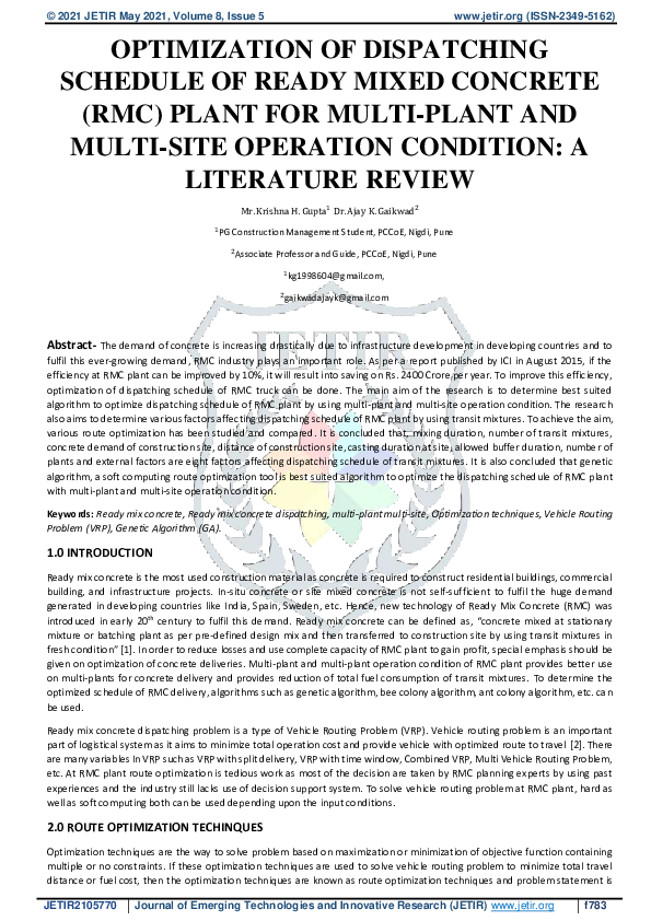 (PDF) Optimization of Dispatching Schedule of Ready Mixed Concrete (RMC) Plant for Multi-Plant ...