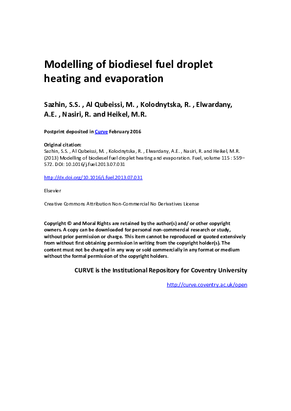 Pdf Modelling Of Biodiesel Fuel Droplet Heating And Evaporation Sergei Sazhin