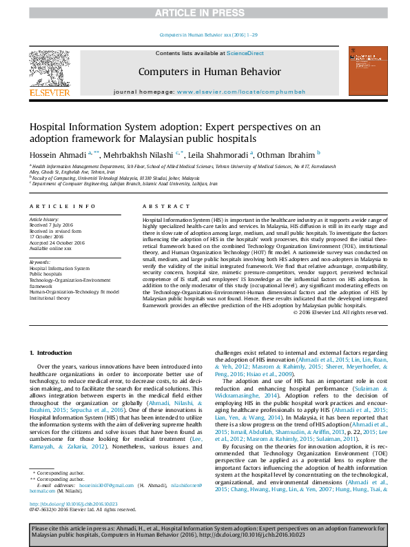 Pdf Hospital Information System Adoption Expert Perspectives On An Adoption Framework For