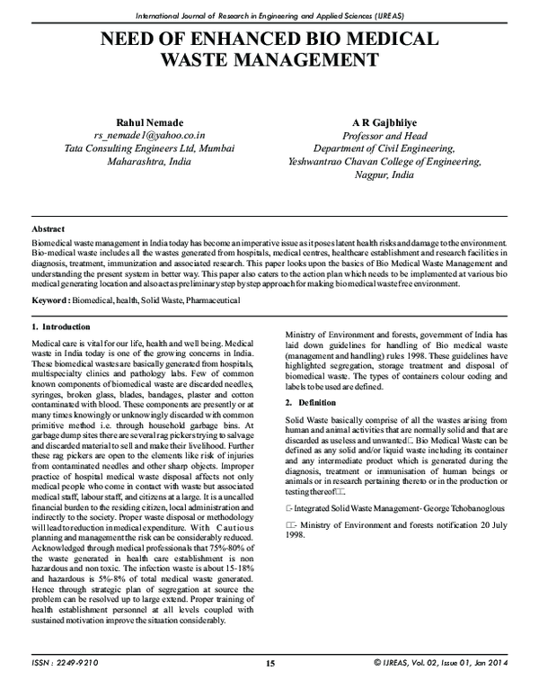 (PDF) Need of Enhanced Bio Medical Waste Management