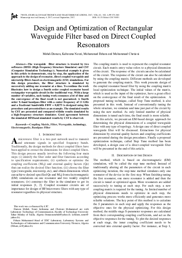 (PDF) Design and Optimization of Rectangular Waveguide Filter based on Direct Coupled Resonators