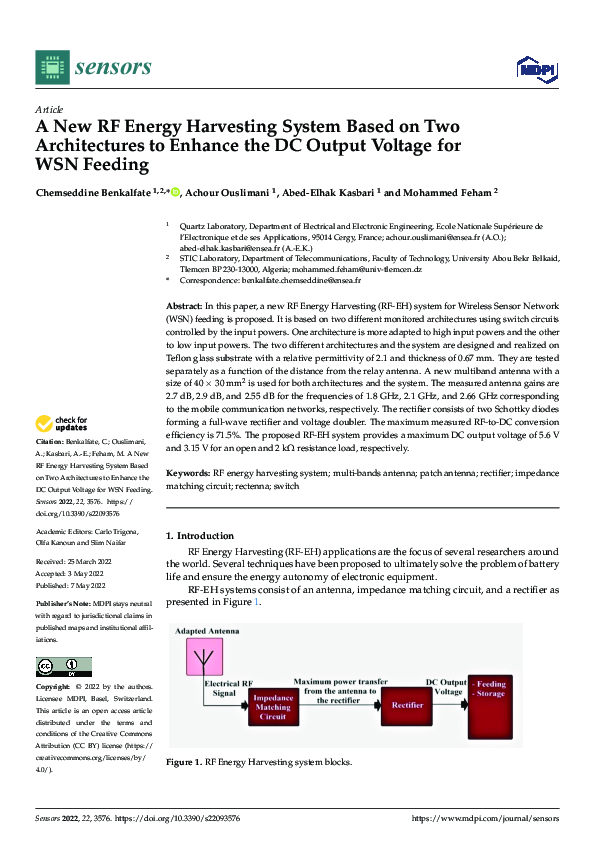 Pdf A New Rf Energy Harvesting System Based On Two Architectures To Enhance The Dc Output