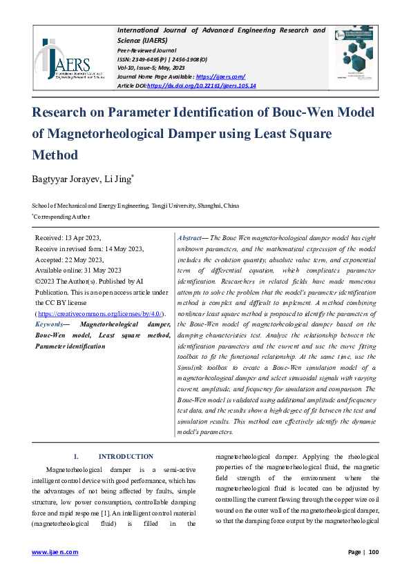 (PDF) Research on Parameter Identification of Bouc-Wen Model of Magnetorheological Damper using ...