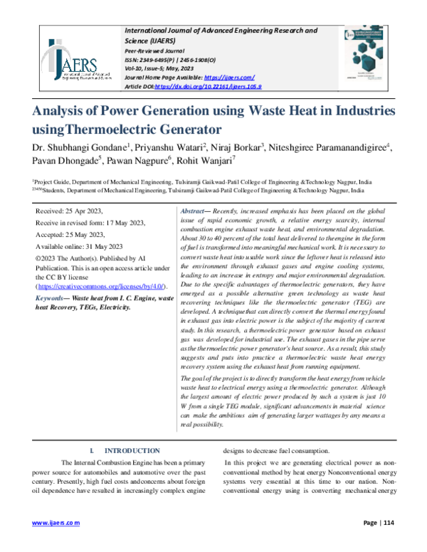 (PDF) Analysis of Power Generation using Waste Heat in Industries using ...