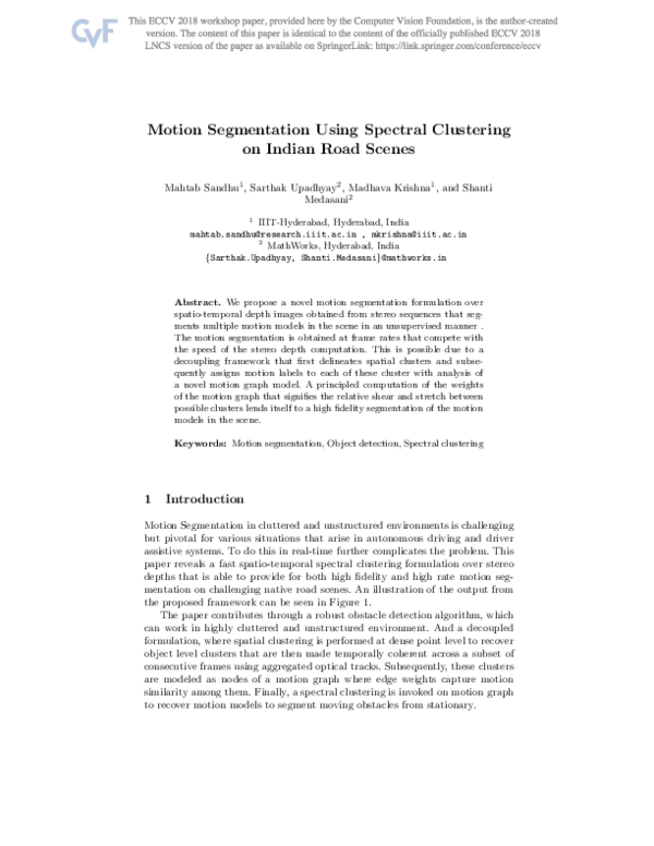 Pdf Motion Segmentation Using Spectral Clustering On Indian Road Scenes