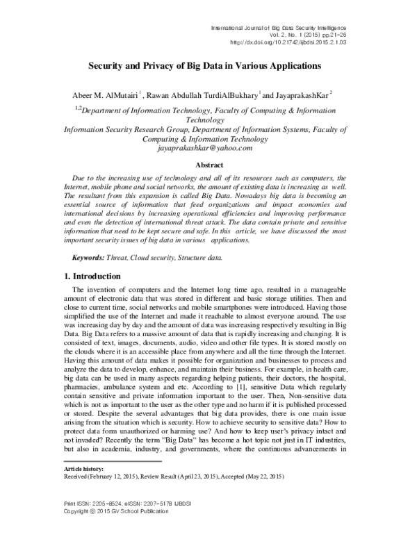 (PDF) Security and Privacy of Big Data in Various Applications