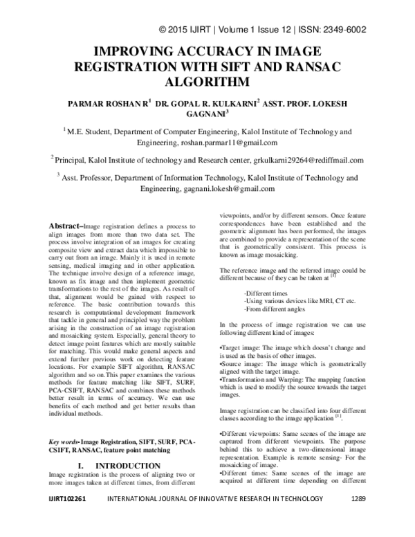 (PDF) Improving Accuracy in Image Registration with Sift and Ransac Algorithm