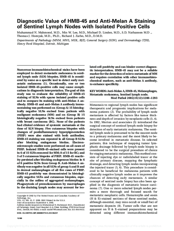 (PDF) Diagnostic Value of HMB-45 and Anti-Melan A Staining of Sentinel Lymph Nodes with Isolated ...