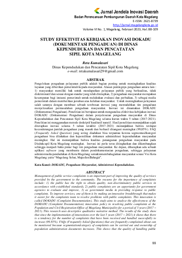 (PDF) Study Efektivitas Kebijakan Inovasi Dokadu (Dokumentasi Pengaduan) DI Dinas Kependudukan ...