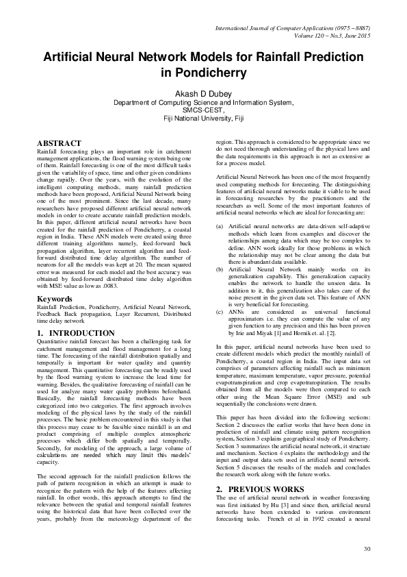(PDF) Artificial Neural Network Models for Rainfall Prediction in Pondicherry