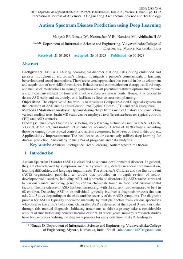 (PDF) Autism Spectrum Disease Prediction using Deep Learning