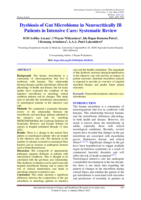 (PDF) Dysbiosis of Gut Microbiome in Neurocritically Ill Patients in Intensive Care: Systematic ...