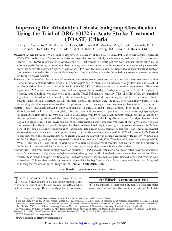(PDF) Improving the Reliability of Stroke Subgroup Classification Using ...