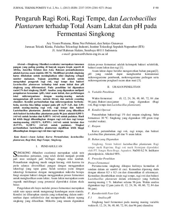 (PDF) Pengaruh Ragi Roti, Ragi Tempe dan Lactobacillus Plantarum terhadap Total Asam Laktat Dan ...