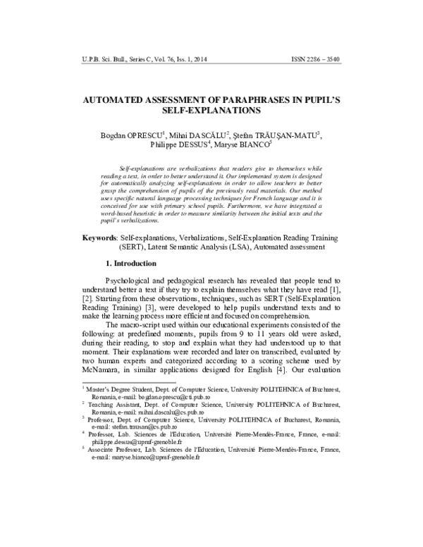 (PDF) Automated Assessment of Paraphrases in Pupil’s Self-Explanations