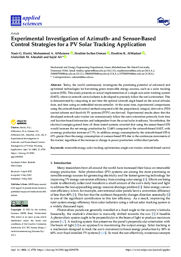 (PDF) Experimental Investigation of Azimuth- and Sensor-Based Control Strategies for a PV Solar ...
