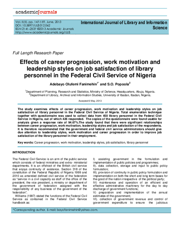 (PDF) Effects of career progression, work motivation and leadership ...
