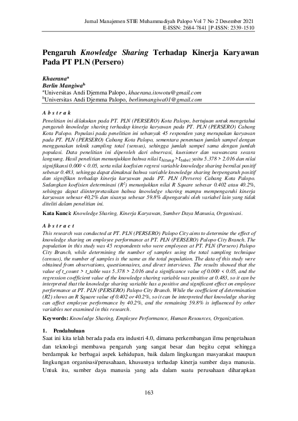 (PDF) Pengaruh Knowledge Sharing Terhadap Kinerja Karyawan Pada PT PLN (Persero)