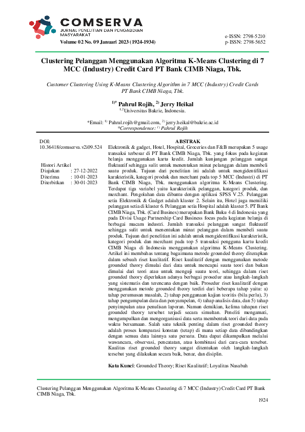(PDF) Clustering Pelanggan Menggunakan Algoritma K-Means Clustering di 7 MCC (Industry) Credit ...