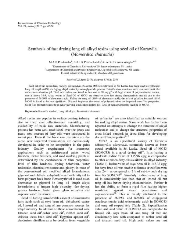 (PDF) Synthesis of fast drying long oil alkyd resins using seed oil of Karawila (Momordica ...