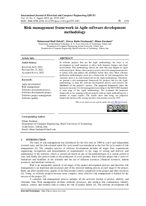 (PDF) Risk management framework in Agile software development methodology