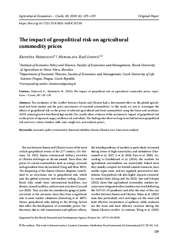 (PDF) The impact of geopolitical risk on agricultural commodity prices