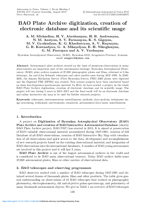 (PDF) BAO Plate Archive digitization, creation of electronic database and its scientific usage