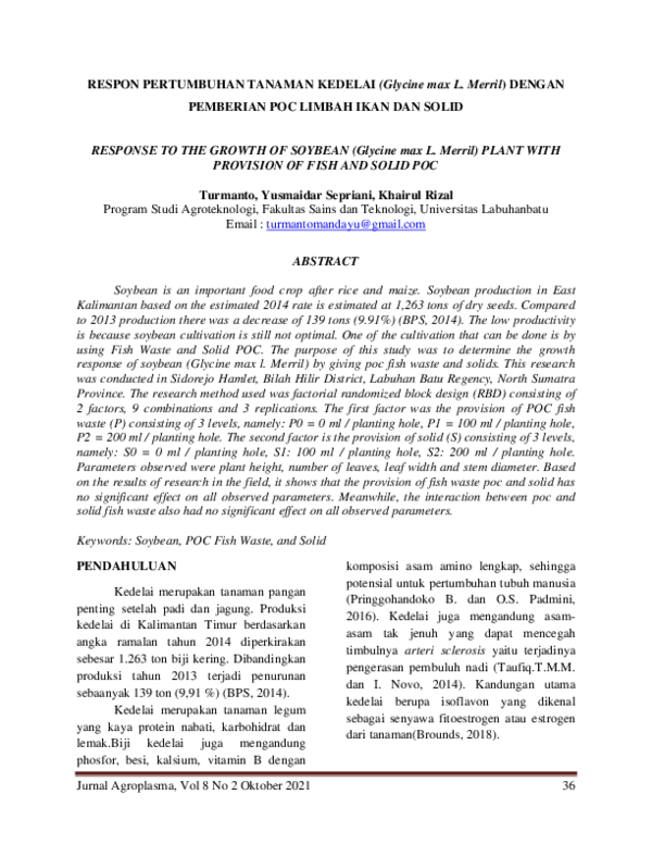 (PDF) RESPON PERTUMBUHAN TANAMAN KEDELAI (Glycine max L. Merril) DENGAN PEMBERIAN POC LIMBAH ...