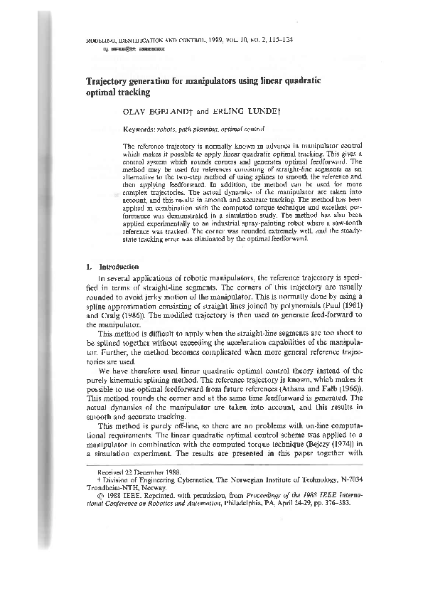 Pdf Trajectory Generation For Manipulators Using Linear Quadratic