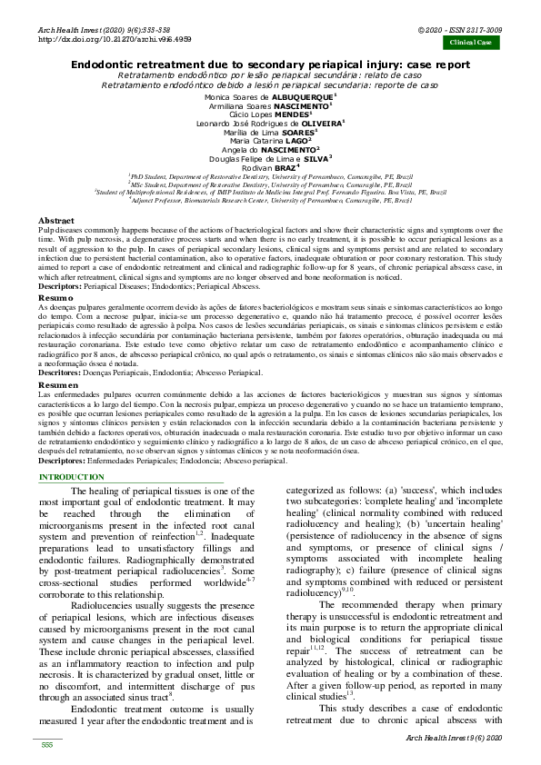 (PDF) Endodontic retreatment due to secondary periapical injury: case report