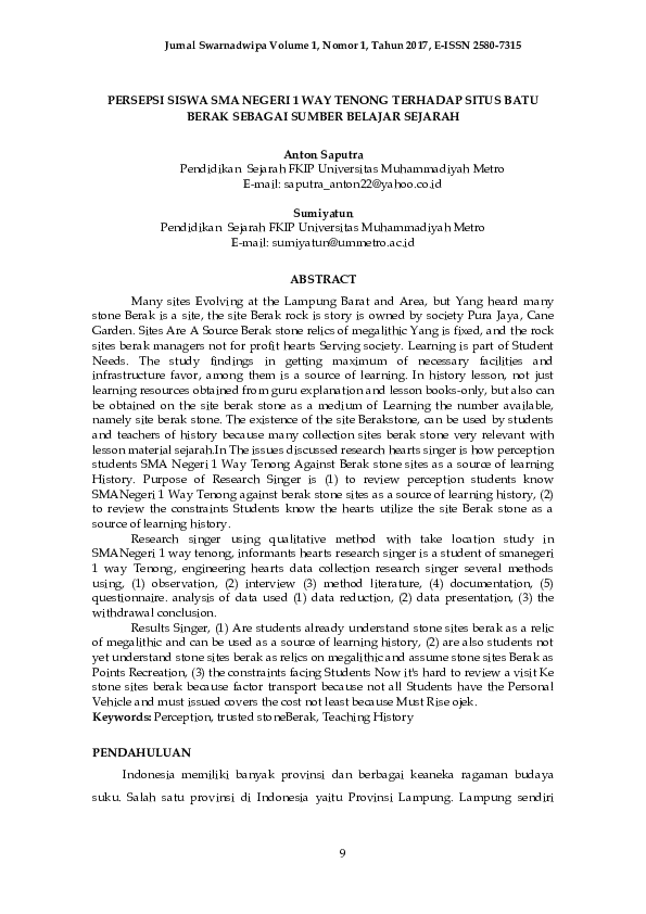 (PDF) Persepsi Siswa Sma Negeri 1 Way Tenong Terhadap Situs Batu Berak Sebagai Sumber Belajar ...