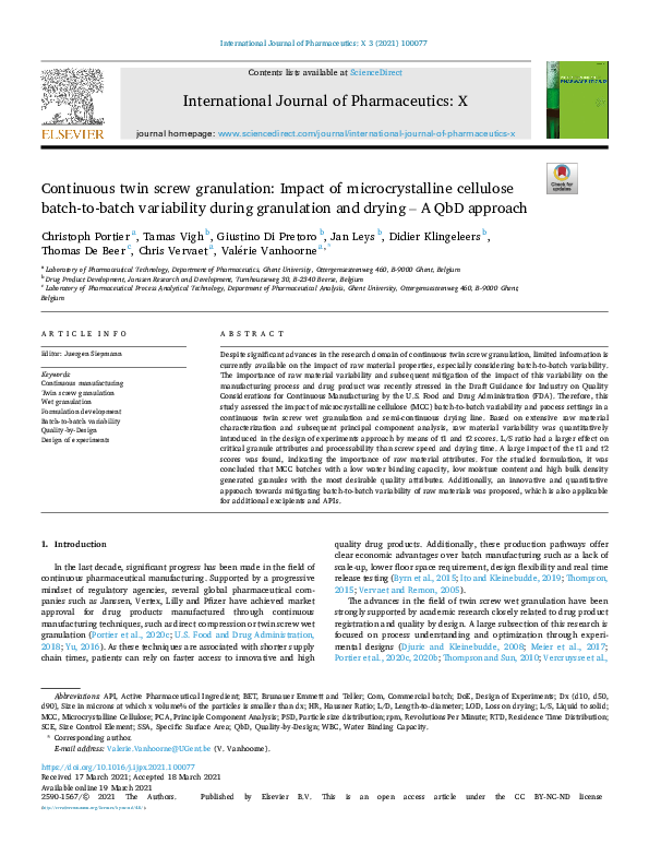 (PDF) Continuous twin screw granulation: Impact of microcrystalline cellulose batch-to-batch ...