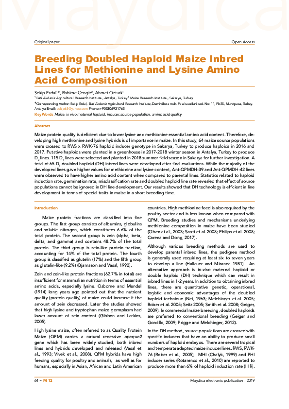 (PDF) Breeding Doubled Haploid Maize Inbred Lines for Methionine and ...