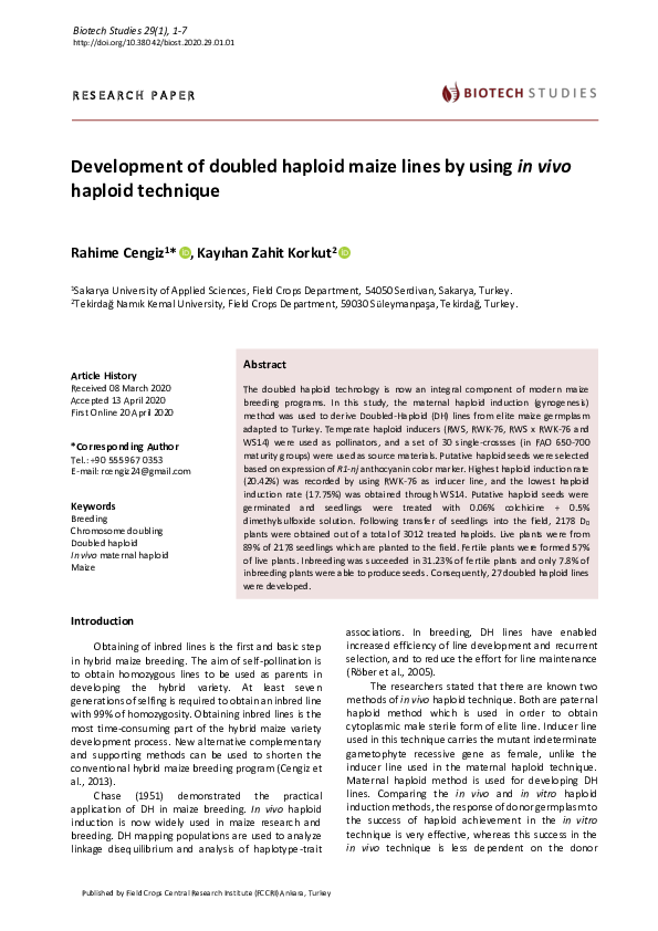 (PDF) Development of doubled haploid maize lines by using in vivo ...