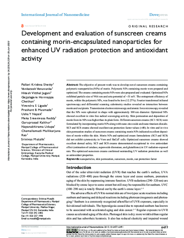 (PDF) Morin Nanoparticle Sunscreens: UV Protection & Antioxidants