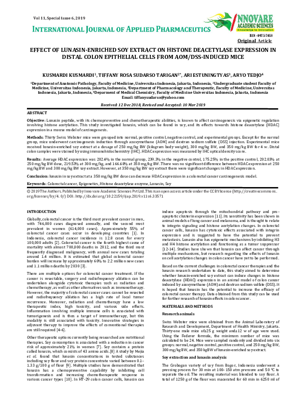 (PDF) EFFECT OF LUNASIN-ENRICHED SOY EXTRACT ON HISTONE DEACETYLASE EXPRESSION IN DISTAL COLON ...