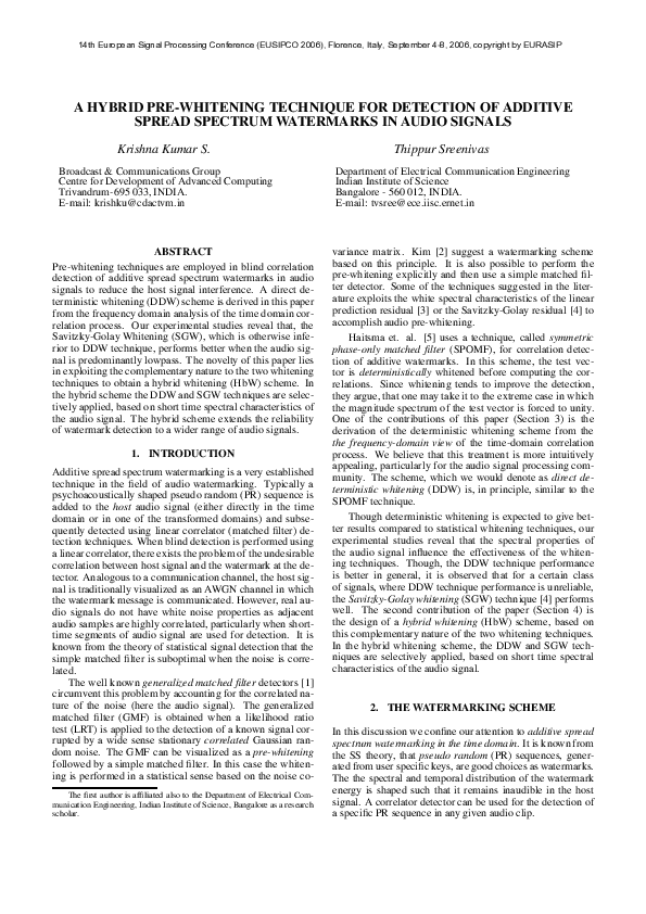 (PDF) A hybrid pre-whitening technique for detection of additive spread spectrum watermarks in ...
